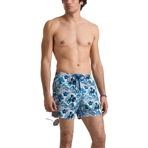 Vilebrequin Stretch Short Swim Shorts With Island Flowers Print - White