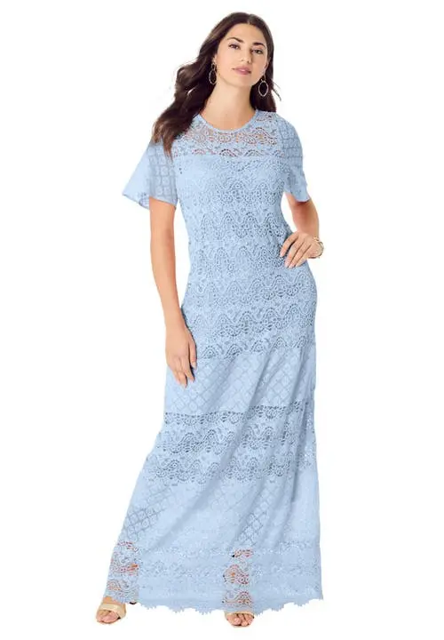 ROAMAN'S Crochet Lace Maxi Dress With Scoop Neckline - Pale Blue