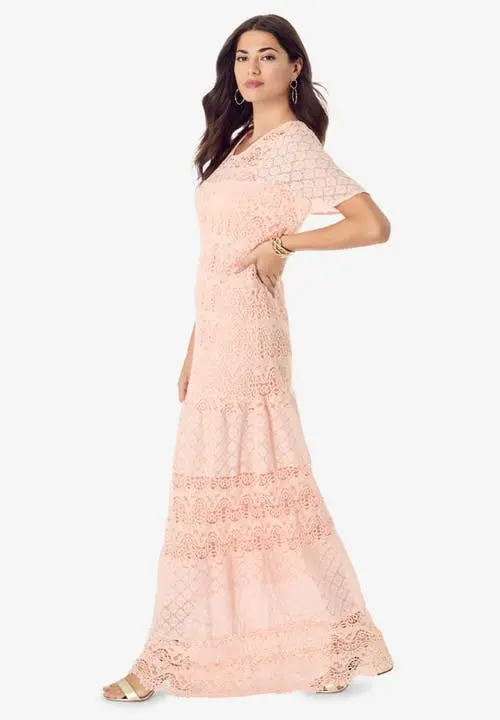 ROAMAN'S Crochet Lace Maxi Dress With Scoop Neckline - Pale Blue