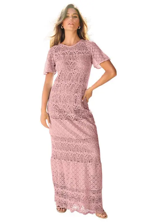 Roaman's Crochet Lace Maxi Dress With Scoop Neck - Soft Blush