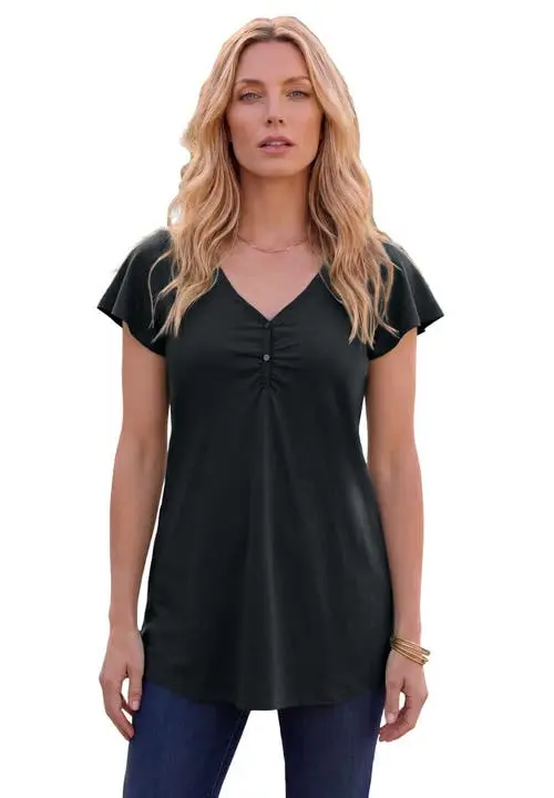 Roaman's Cotton Ultimate Flutter Sleeve Sweetheart Tee - Black