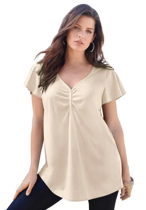 Roaman's Cotton Flutter Sleeve Sweetheart Tee - Oatmeal