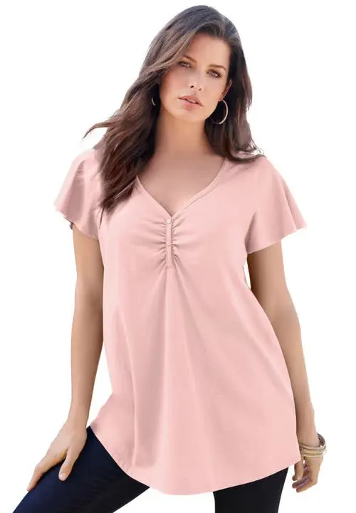 Roaman's Cotton Ultimate Flutter Sleeve Sweetheart Tee - Soft Blush