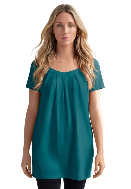 Roaman's Pleated Neck Tunic - Deep Turquoise