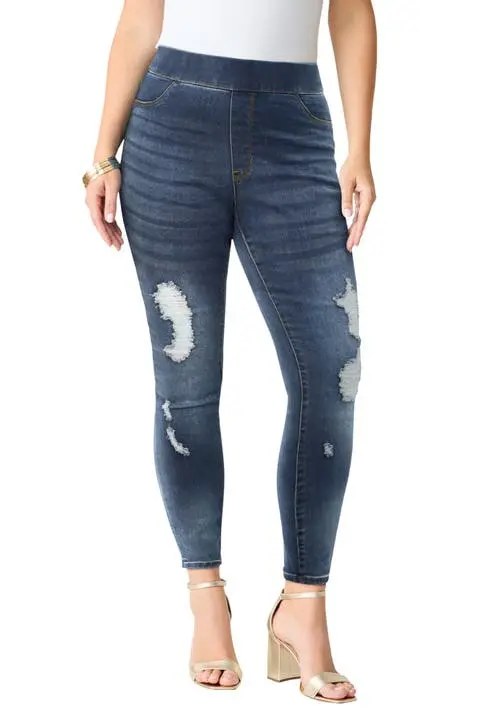Roaman's 360° Stretch Embellished Jeggings - Distressed
