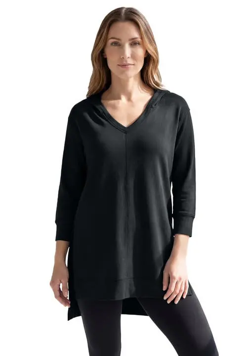 Roaman's French Terry Tunic Hoodie With V-neck And Side Slits - Black