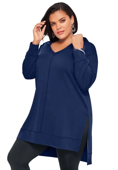 Roaman's French Terry Tunic Hoodie With V-neck And Side Slits - Evening Blue