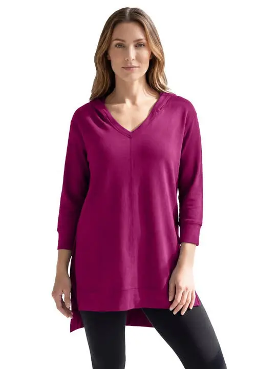Roaman's French Terry Tunic Hoodie With V-neck And Side Slits - Raspberry