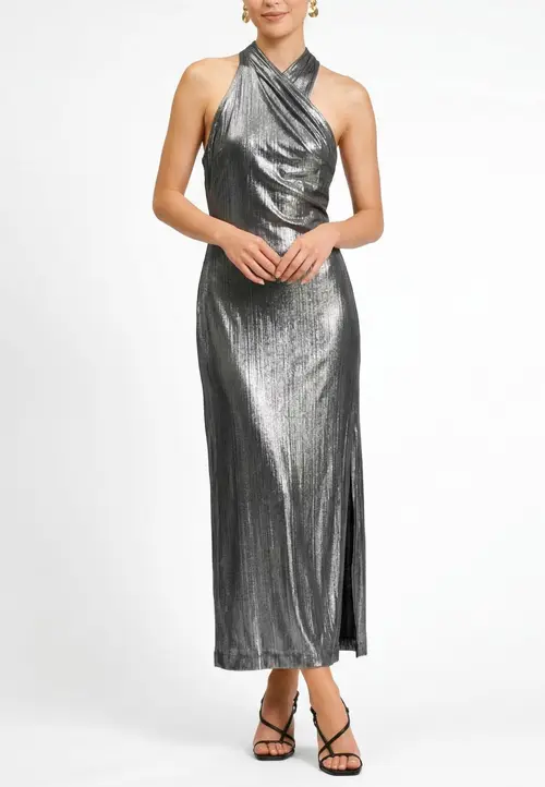 Rachel Rachel Roy Harland Crossover Halter Maxi Gown - Silver