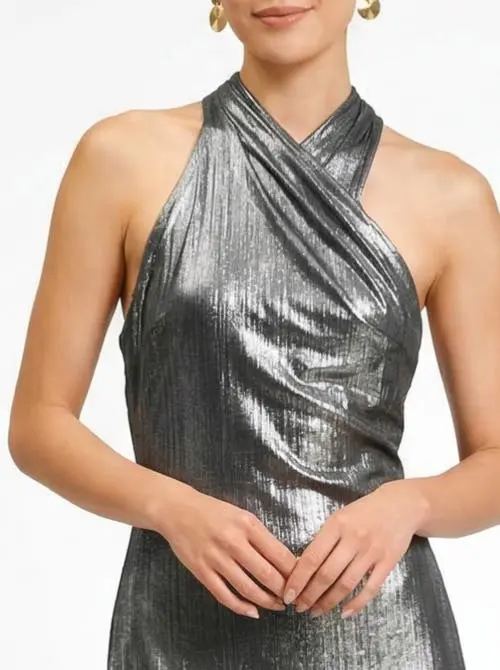 Rachel Rachel Roy Harland Crossover Halter Maxi Gown - Silver