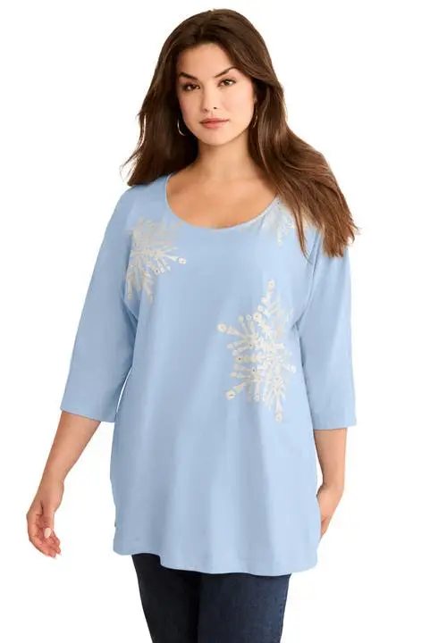 ROAMAN'S Three Quarter Sleeve Embellished Tunic - Blue Sparkle Snowflakes