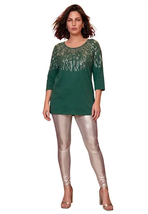 Roaman's Embellished Dolman Sleeve Tunic - Emerald Sequin Burst