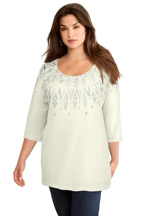 ROAMAN'S Three Quarter Sleeve Embellished Tunic - Ivory Silver Fair Isle