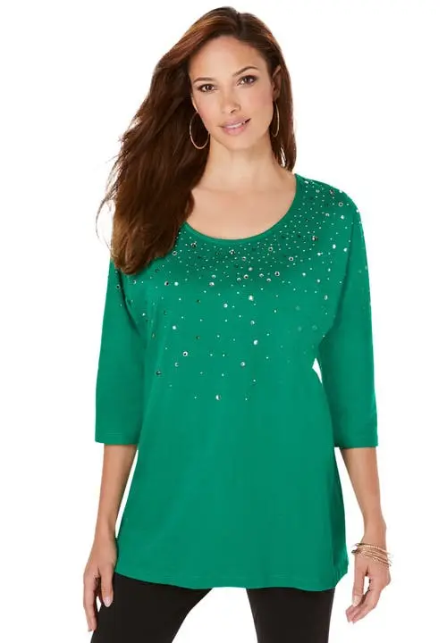 ROAMAN'S Three Quarter Sleeve Embellished Tunic - Midnight Vine Rhinestone