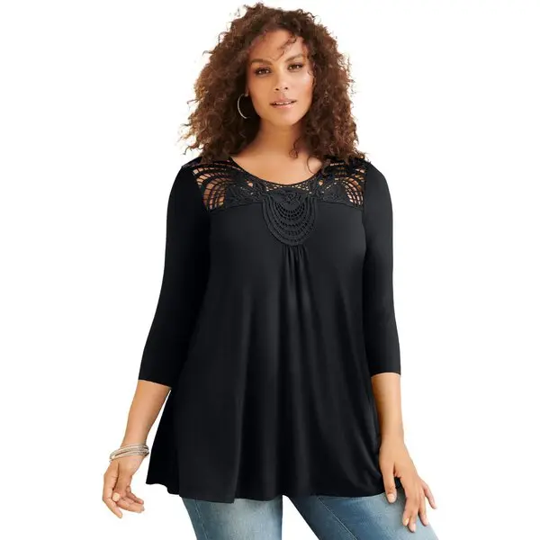 Roaman's Crochet Embellished Swing Tee - Black
