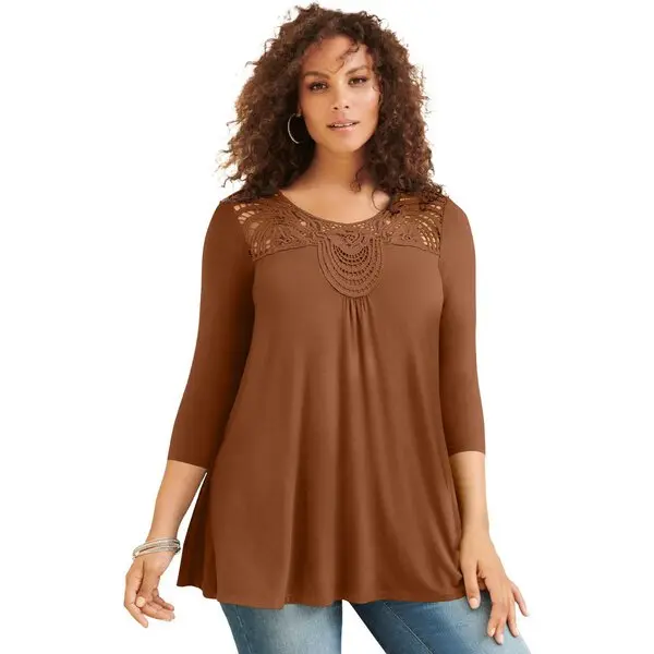 Roaman's Crochet Embellished Swing Tee - Cognac