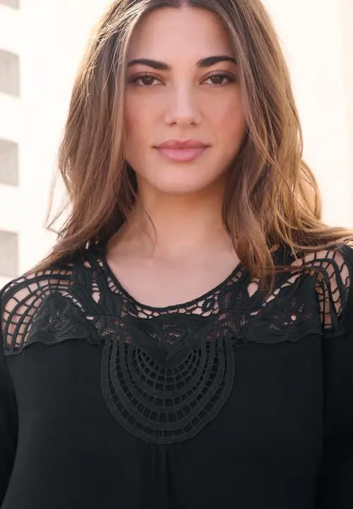 Roaman's Lace Embellished Top - Cognac