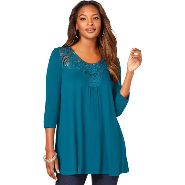 Roaman's Crochet Embellished Swing Tee - Deep Teal