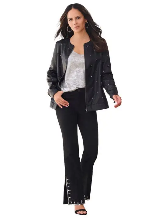 ROAMAN'S Studded Faux Leather Bomber Jacket With Banded Details
