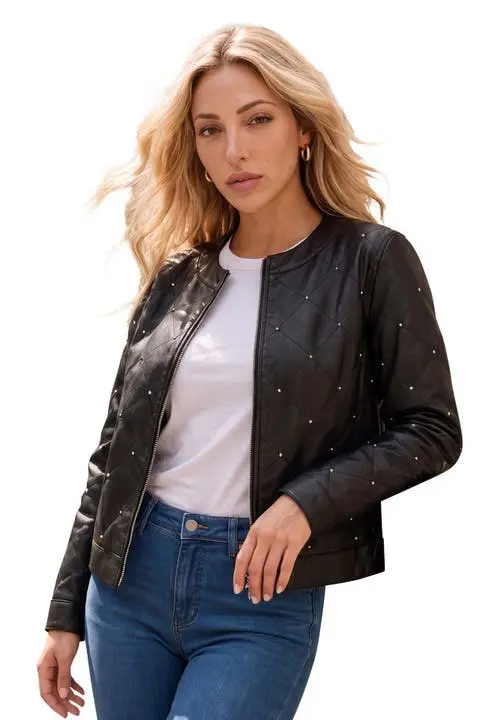 Roaman's Studded Faux Leather Bomber - Black