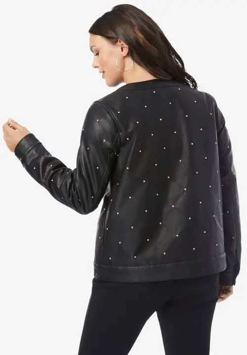 Roaman's Studded Faux Leather Quilted Bomber Jacket