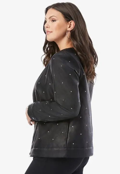 Roaman's Studded Faux Leather Quilted Bomber Jacket