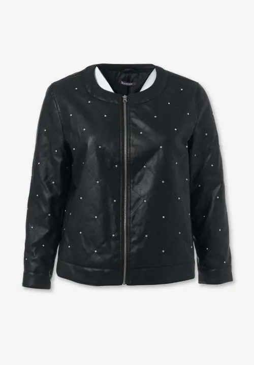 Roaman's Studded Faux Leather Quilted Bomber Jacket