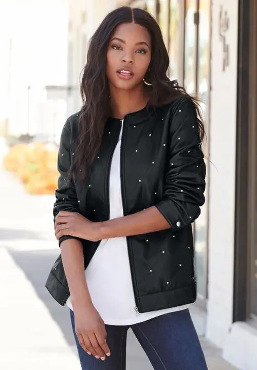 Roaman's Studded Faux Leather Quilted Bomber Jacket