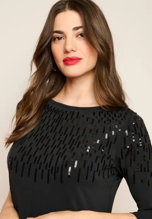 ROAMAN'S 3/4 Sleeve Embellished Boatneck Dress - Black