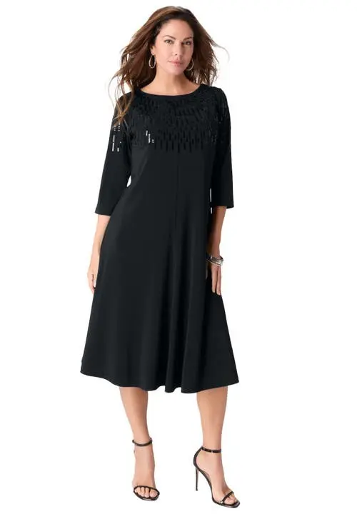 Roaman's 3/4 Sleeve Embellished Boatneck Dress - Black