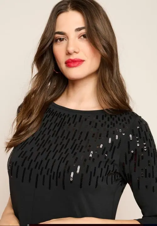 Roaman's 3/4 Sleeve Embellished Boatneck Dress - Black