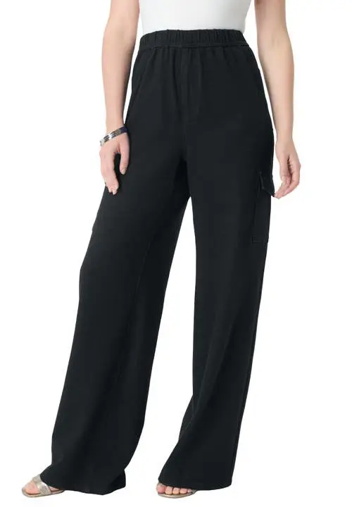 Roaman's High-waisted Wide-leg Cargo Knit Jeans - Black