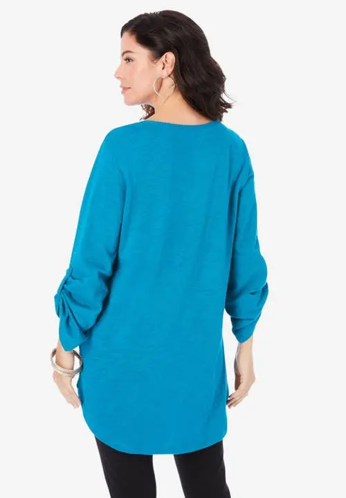 ROAMAN'S Textured Boyfriend Tunic With Roll-tab Sleeves - Black