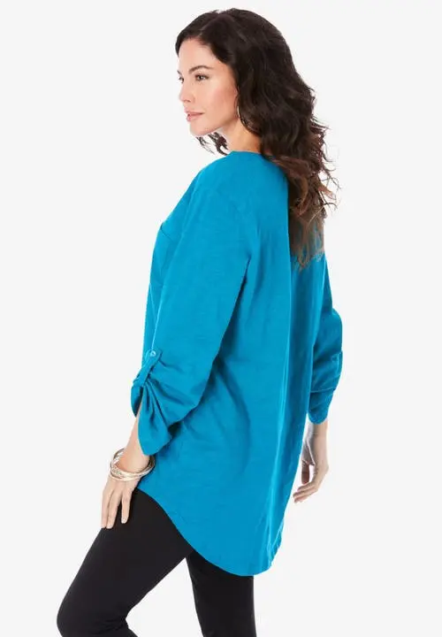 ROAMAN'S Textured Boyfriend Tunic With Roll-tab Sleeves - Black