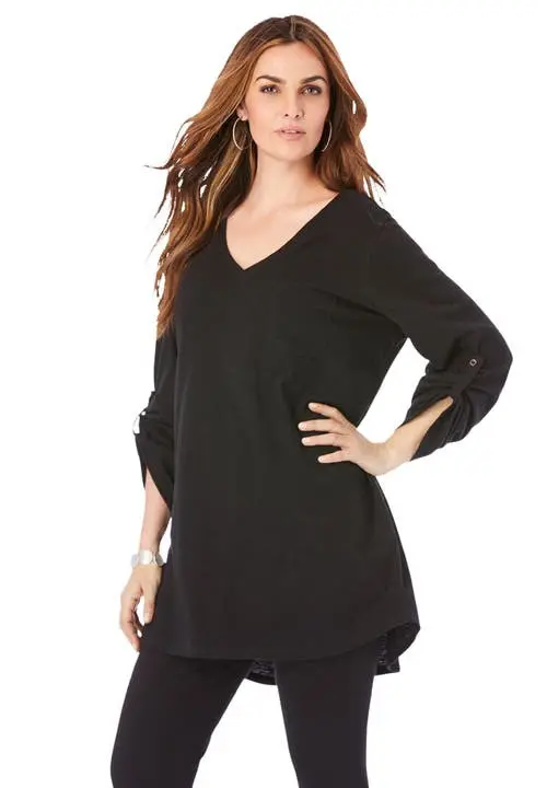 Roaman's Boyfriend Textured Tunic With V-neck And Roll-tab Sleeves - Black