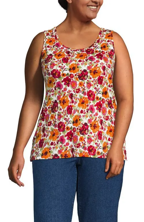 LANDS' END Cotton Tank Top - White/hot Pink Painted Blooms