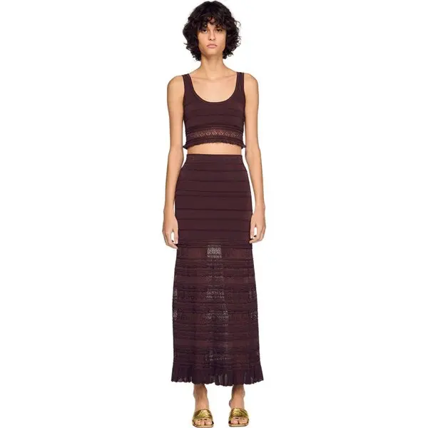Sandro Pointelle Knit Crop Top - Brown