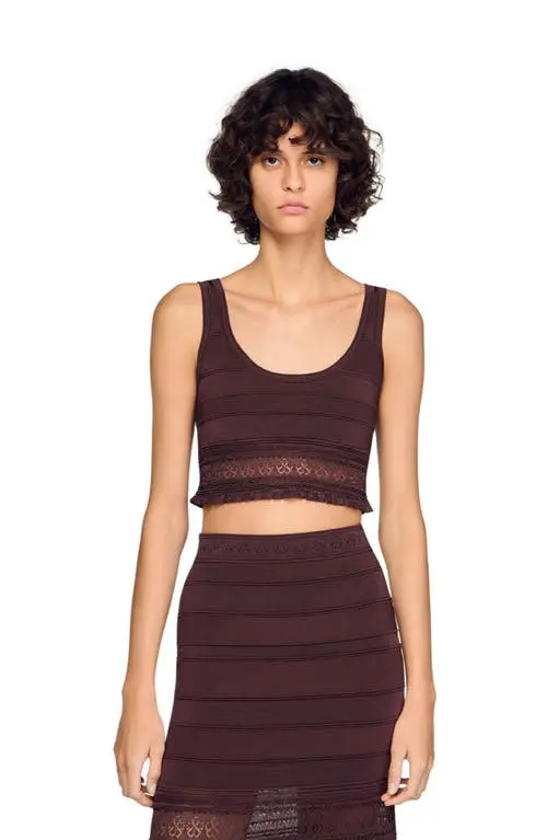 Sandro Pointelle Knit Crop Top - Brown