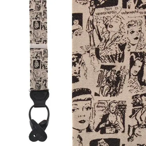 Trafalgar Vintage Comic Art Novelty Silk Button End Suspenders - Taupe