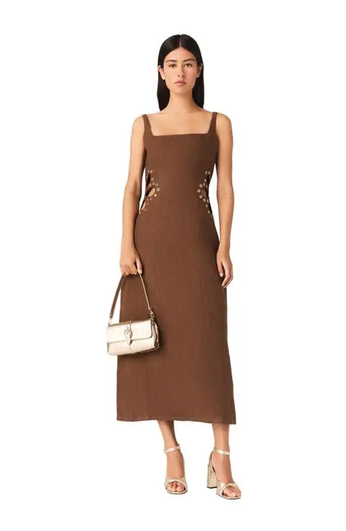 Maje Linen Blend Maxi Dress - Brown