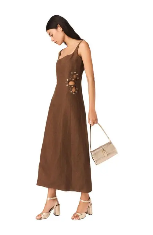 Maje Linen-blend Midi Dress With Floral Cut-outs