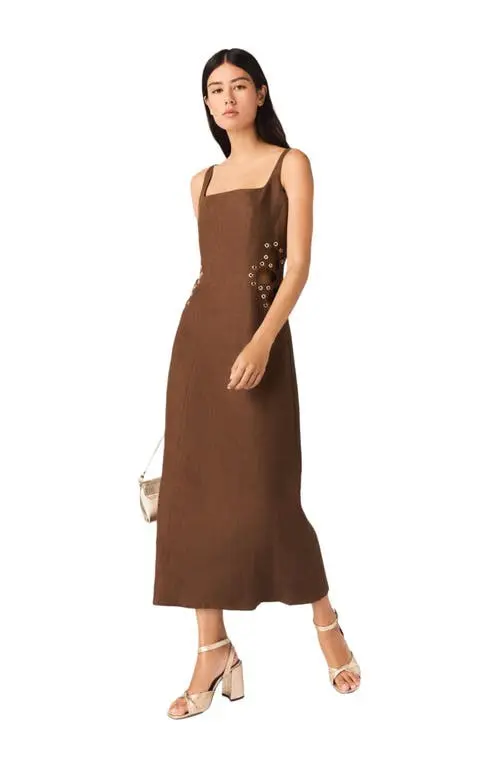 Maje Linen-blend Midi Dress With Floral Cut-outs