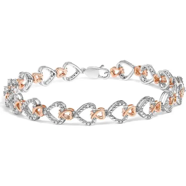 HAUS OF BRILLIANCE 10k Rose Gold Plated Sterling 1/4 Cttw Diamond Heart Link Bracelet - Silver