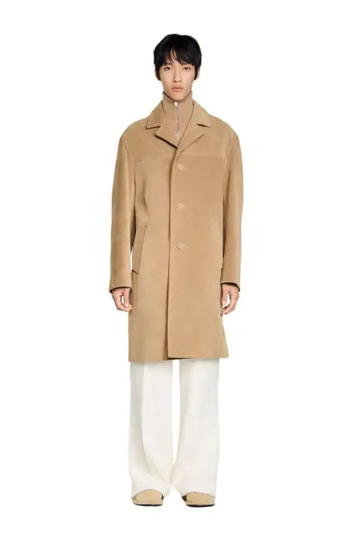 Sandro Long Belted Leather Coat - Cappucino