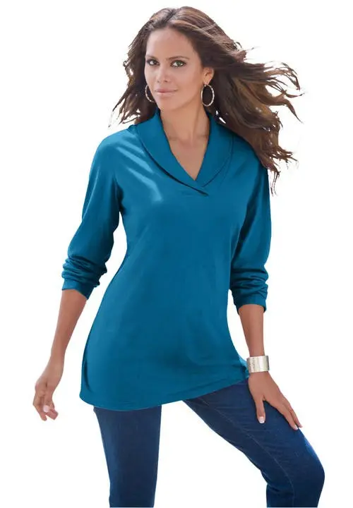 Roaman's Shawl Collar Ultimate Tee - Peacock Teal