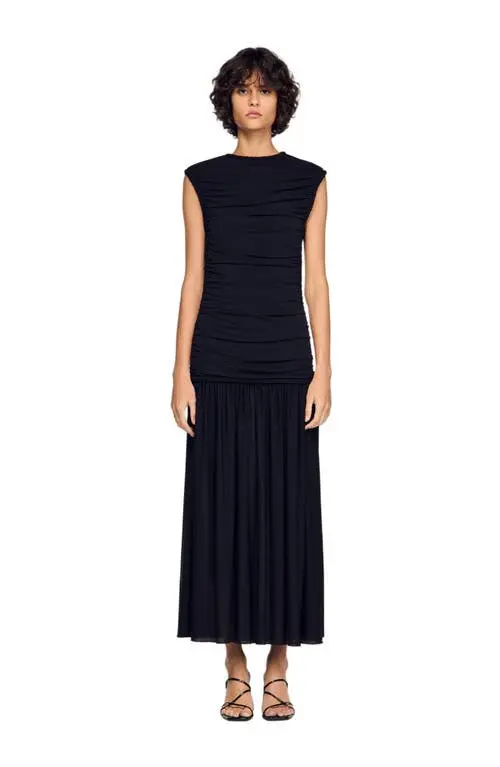 Sandro Draped Flared Maxi Dress - Black