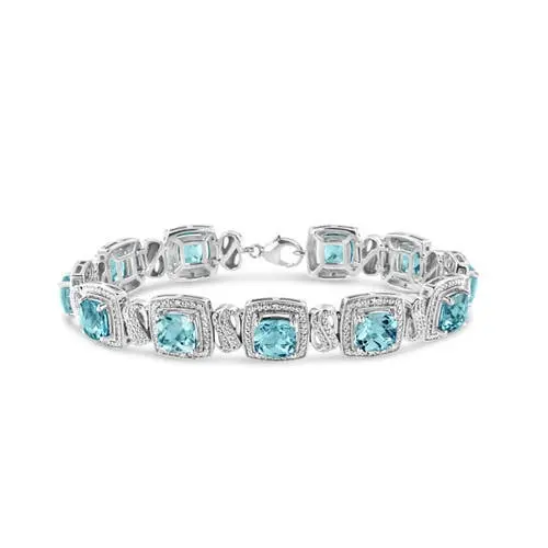 HAUS OF BRILLIANCE 925 Sterling Silver Cushion Cut Topaz And Diamond Tennis Bracelet - Blue Topaz