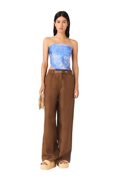 Maje Linen-blend Trousers With Gold Buckle Belt - Brown
