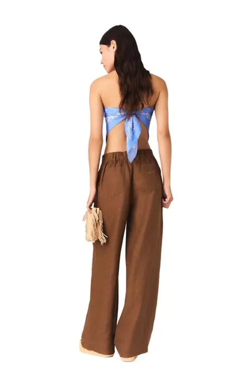 Maje Linen-blend Trousers With Gold Buckle Belt - Brown