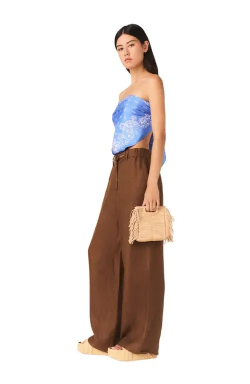 Maje Linen-blend Trousers With Gold Buckle Belt - Brown